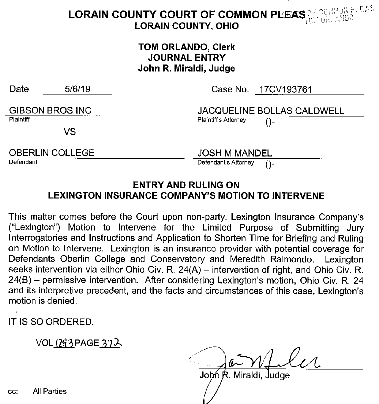 EXCLUSIVE: Oberlin College insurer likely to reject coverage for Gibson ...